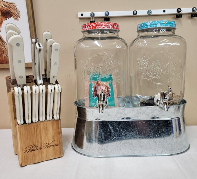 The Pioneer Woman knife block and drink dispensers—suburban kitchen status symbols now available at thrift store prices.