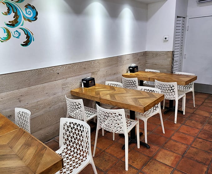 Modern meets traditional with wooden tables and designer chairs. Cuban comfort food deserves a comfortable place to enjoy it.