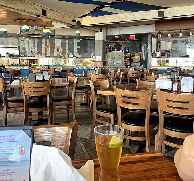The dining room whispers "come hungry" while the buffet stations in the background shout "challenge accepted!"