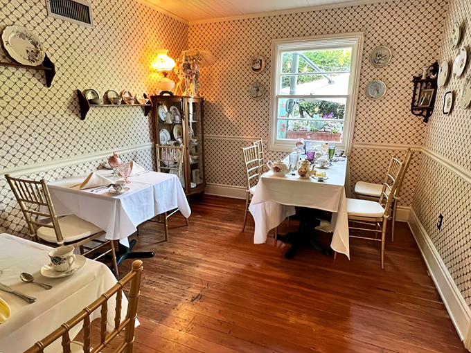 A dining room where Jane Austen would feel right at home. Those wooden floors have witnessed countless celebrations of the perfectly steeped cup.