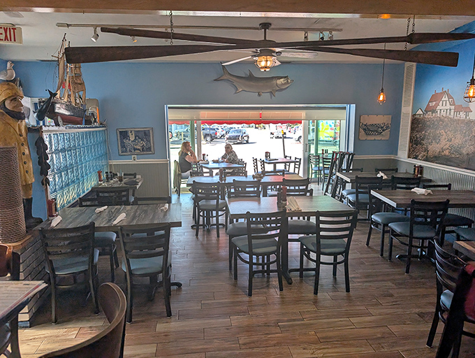 The dining room feels like the captain's quarters of a well-loved fishing vessel—minus the seasickness and with much better food.