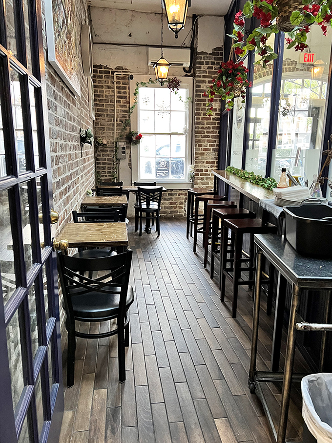 Exposed brick, wooden floors, and the promise of pastry – this narrow dining space feels like the secret passageway to flavor country.