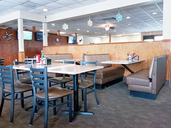 The dining area's unpretentious charm invites you to slide into a booth and stay awhile—maybe until the next meal.
