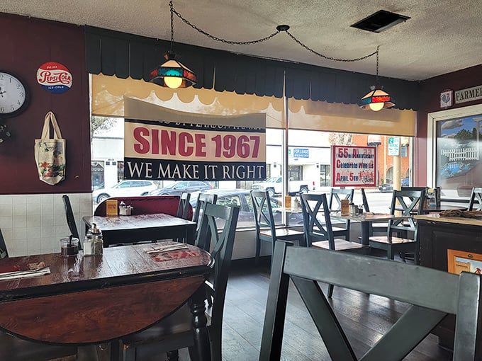 The dining room hasn't changed since bell-bottoms were in fashion the first time around. That "We Make It Right" sign isn't just decoration—it's a promise.