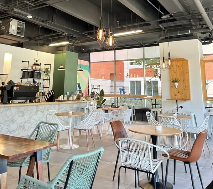 Light fixtures that could be in a design magazine, tables spaced for conversation, and chairs that say, "We want you comfortable, but not napping."