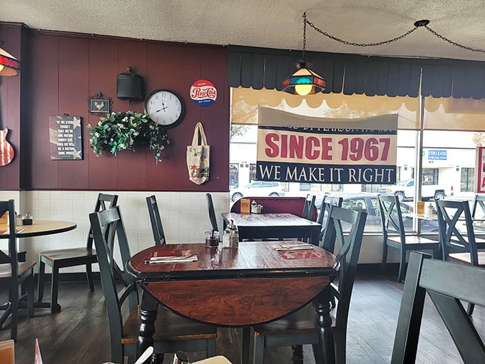 Classic drop-leaf tables and mismatched vintage decor create the feeling you're eating in your favorite aunt's dining room rather than a restaurant.