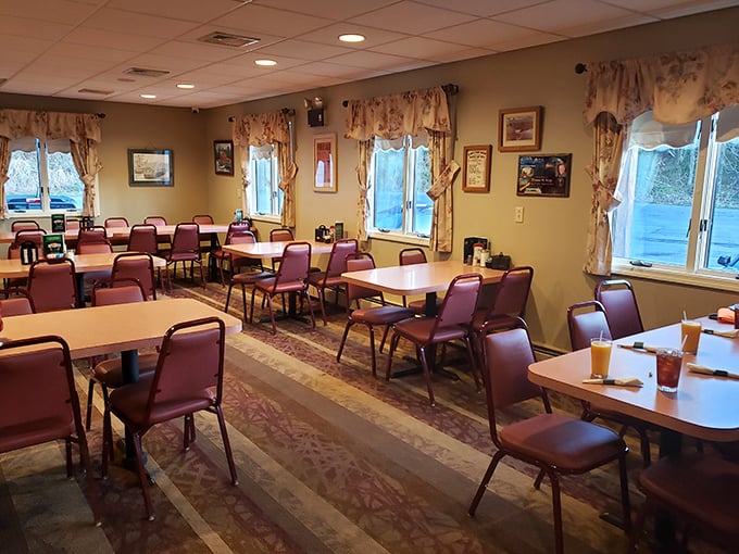 No Edison bulbs or reclaimed wood here—just honest tables, practical chairs, and curtains your aunt would approve of. Pure Pennsylvania comfort.