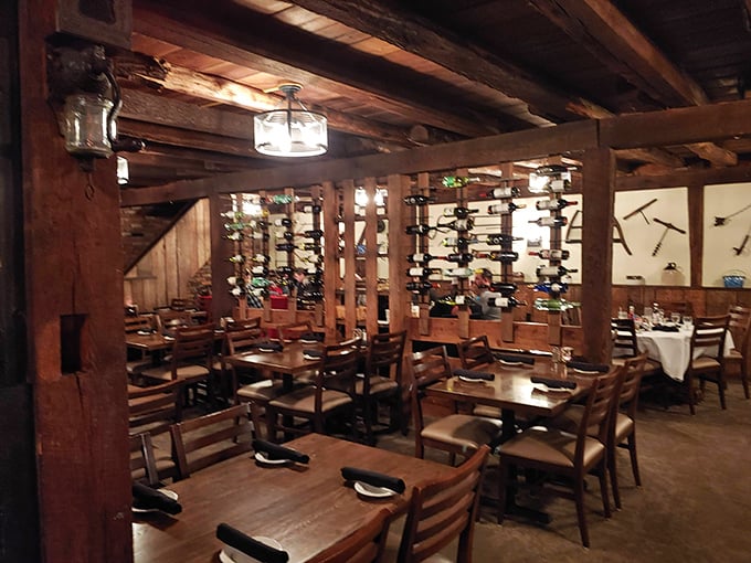 The dining room where wooden beams meet white walls adorned with farm implements. Not because it's trendy, but because it's who they are.