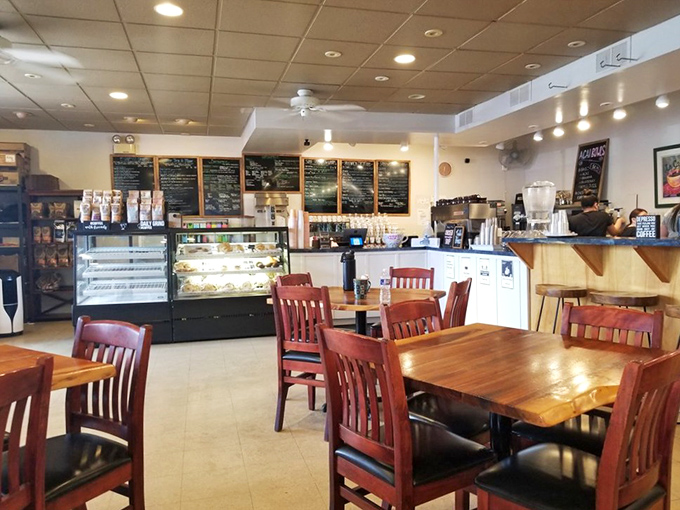 The café's display case and counter area showcase freshly baked goods that whisper sweet temptations from across the room.