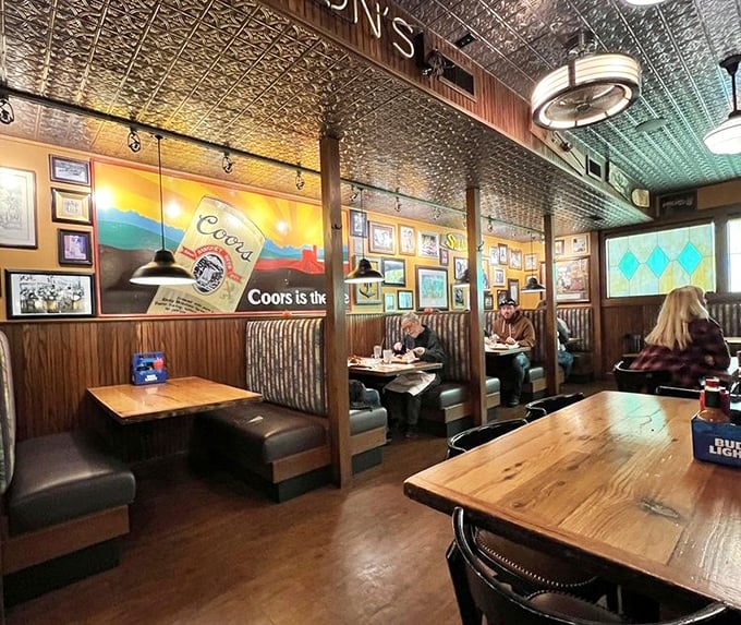 Cozy booths under a tin ceiling with walls covered in memorabilia—the dining equivalent of your coolest uncle's basement, but with better food.