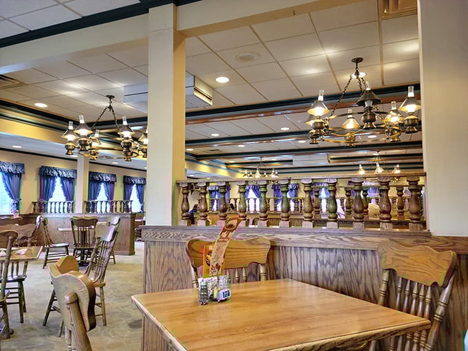 The dining room where calories don't count and wooden dividers create the illusion of privacy while you devour your Barnyard Buster.