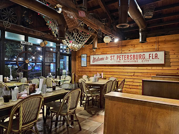 Wooden walls, fishing nets, and that welcoming St. Petersburg sign create the perfect no-frills backdrop for serious seafood consumption. Nautical without trying too hard.