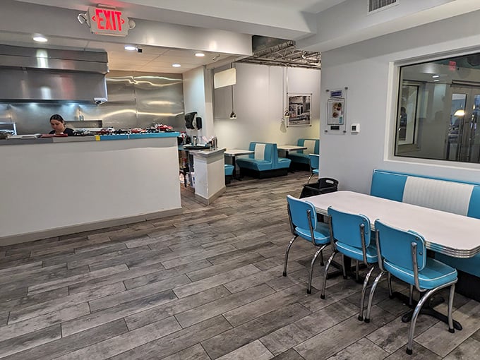 Retro-cool turquoise booths and chrome chairs create a diner atmosphere that makes you half-expect the Fonz to walk in any minute.