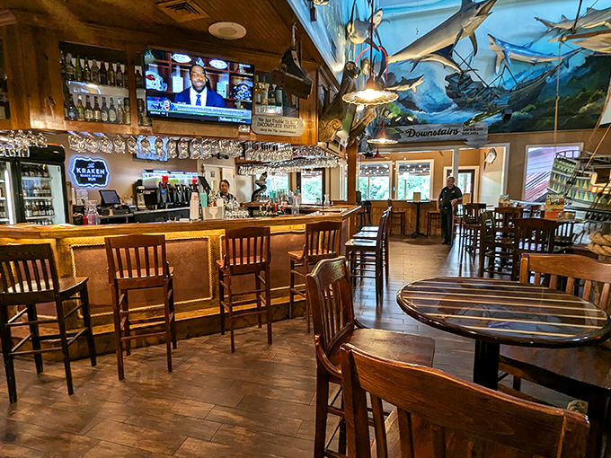 The bar area offers a nautical retreat where you can watch the game while surrounded by enough maritime décor to outfit a small navy.