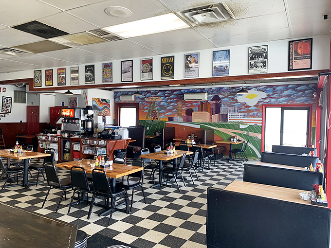 Not just a dining room but a community living room, where the checkered floor and colorful mural invite you to stay awhile.