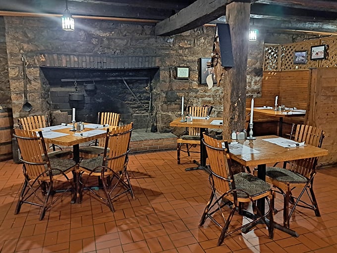 Dining among stone walls and wooden beams that have stood since before America was America—with a fireplace that could tell tales of revolutionary plotting.