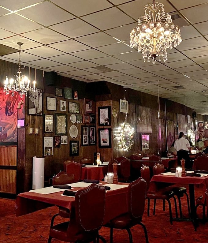 Wood paneling, chandeliers, and decades of happy conversations have soaked into these walls like marinade into a good steak.
