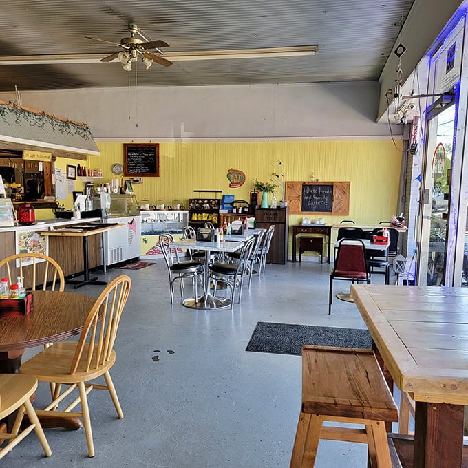 No designer lighting or trendy decor here—just honest wooden tables, metal chairs, and a space that says "stay awhile" without having to try too hard.