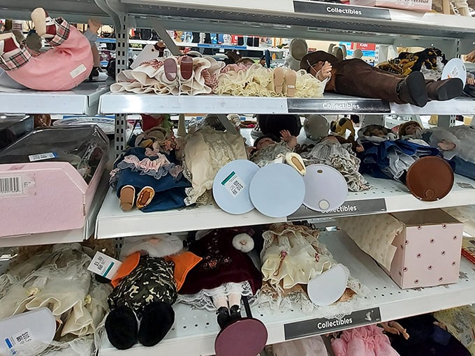The island of misfit toys isn't just a Christmas special—it's this shelf of collectible dolls yearning for new curio cabinets.
