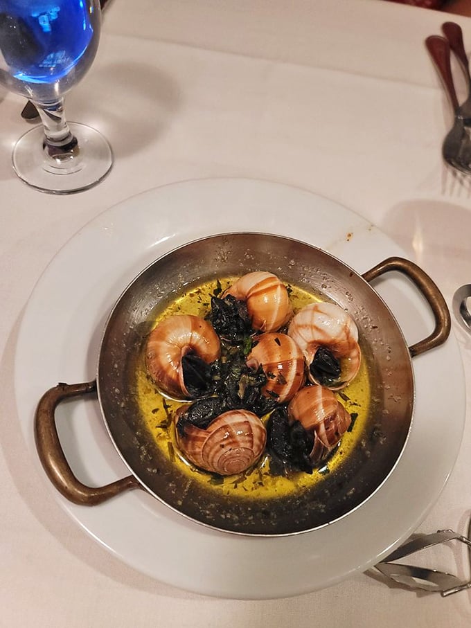 Escargot swimming in garlic butter—proof that sometimes the most intimidating menu items deliver the most memorable flavor bombs.