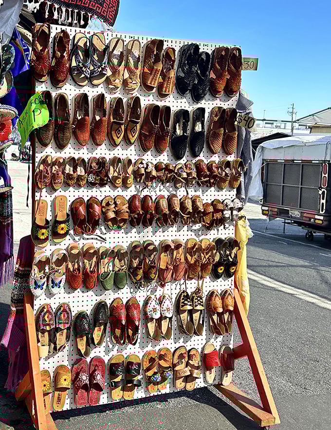 If Imelda Marcos visited the flea market... A footwear fantasyland where traditional Mexican huaraches meet modern style.