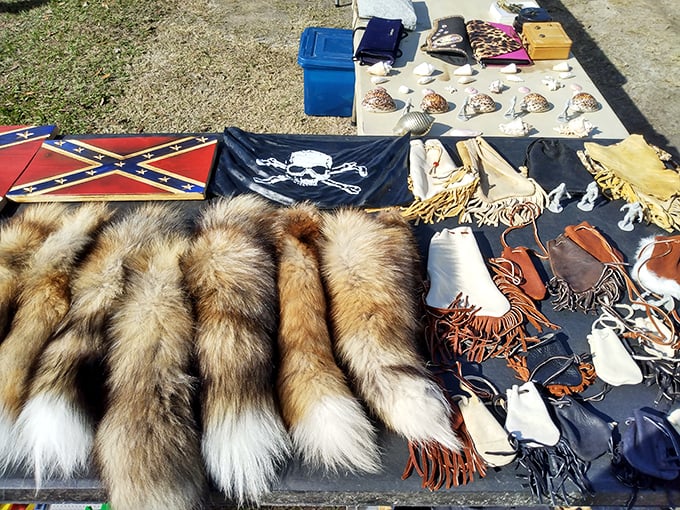 The wild side of market shopping. These fox tails and leather goods offer a glimpse into frontier craftsmanship that's increasingly rare in our digital world.