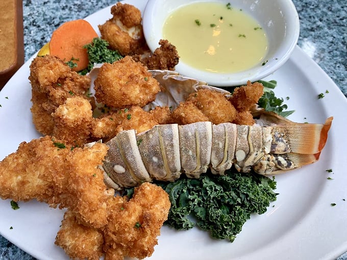 Fried seafood and lobster tail presented with the drama it deserves. This plate doesn't just feed you—it puts on a show worthy of a standing ovation.