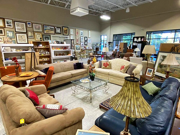 The furniture showroom resembles a living room family reunion. That blue sofa has stories to tell, but it's waiting for your chapter.