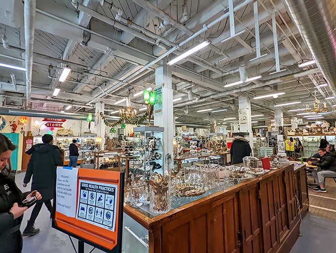 The glassware section sparkles like a kaleidoscope of American manufacturing history, each piece reflecting changing tastes from Depression-era pastels to mid-century boldness.