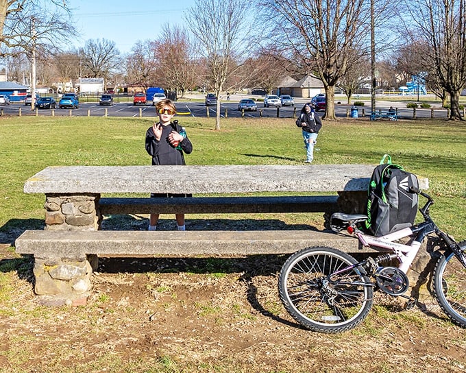 Heise Park offers the simple pleasure of stone picnic tables and open spaces—where kids still play outside without scheduling an appointment first.
