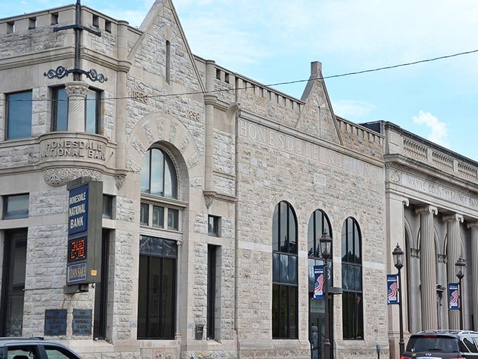 Honesdale National Bank's limestone façade speaks of permanence and stability—architectural reassurance that some things endure despite changing times.