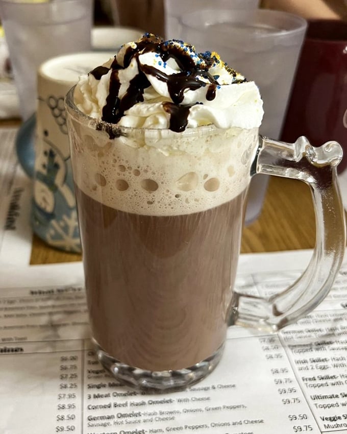 Hot chocolate with whipped cream and chocolate drizzle—because sometimes coffee needs to put on its party clothes.