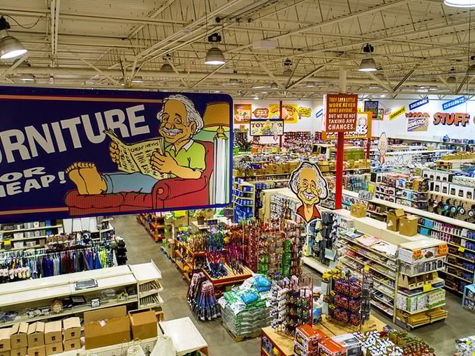 A bird's-eye view of bargain heaven. The colorful signage serves as treasure maps guiding you to your next great find.