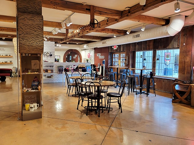 Wooden beams, exposed brick, and plenty of seating—this isn't just an ice cream parlor, it's Ohio's living room.