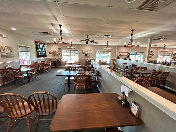 Wooden chairs and simple tables create the perfect backdrop for food that doesn't need fancy surroundings to shine. Substance over style.