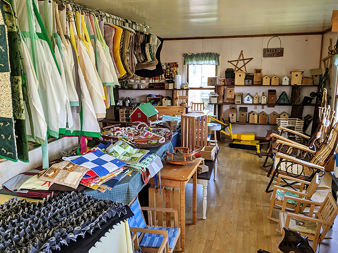 The crafts section proves Miller's isn't just about edible treasures. Handmade quilts and birdhouses share space with baked goods in this Amish Country wonderland.