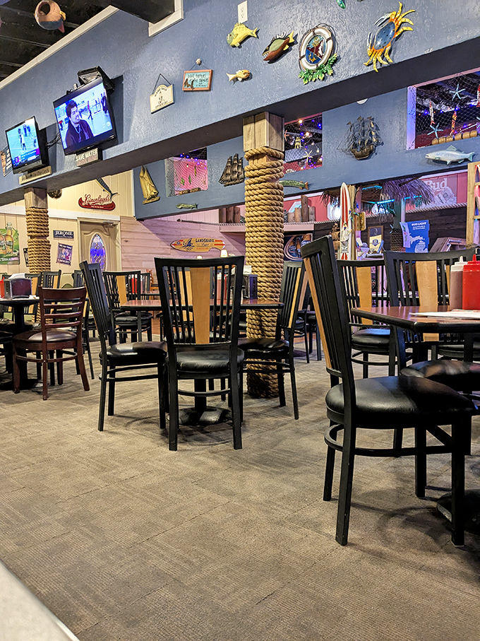 Every inch tells a seafaring story – from colorful fish mounts to nautical wheels, the decor creates an atmosphere that's both playful and comforting.