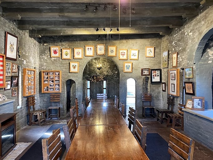 Long wooden table and stone arches create the perfect setting for feasts fit for knights—or at least spirited discussions about jousting techniques.