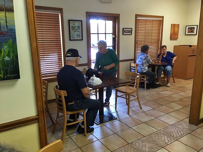 The dining area feels like your German grandmother's kitchen—if she had excellent taste in wood furnishings and tile flooring.