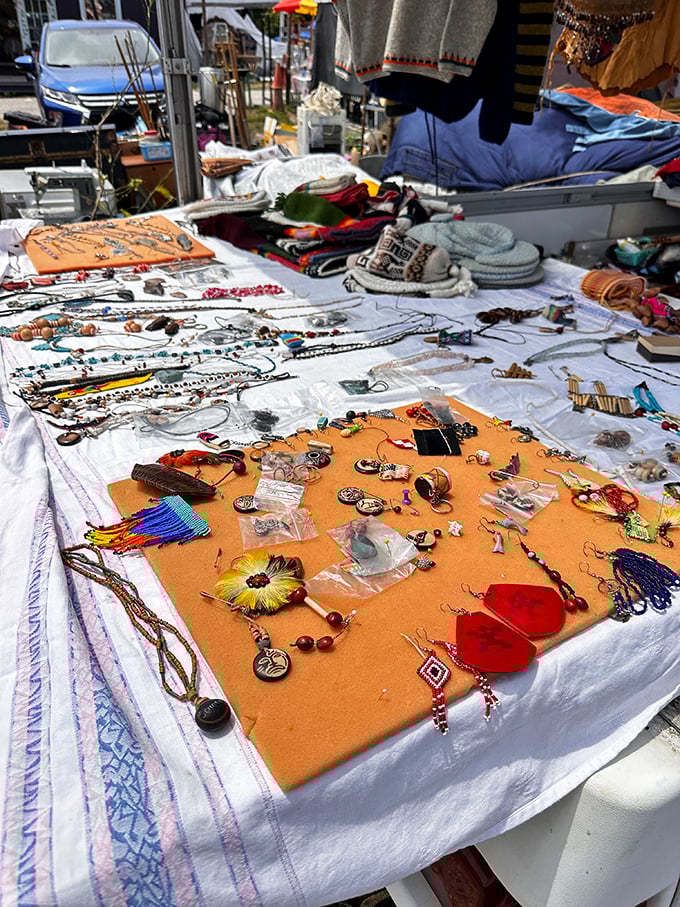 A treasure map laid out in necklaces and earrings – where one person's forgotten accessories become another's statement piece at a fraction of retail.