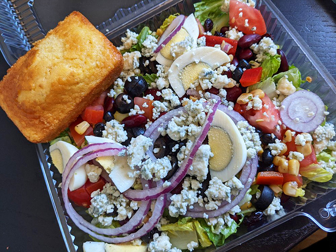 Even the salad here means business – this isn't rabbit food, it's a proper meal with cornbread backup.