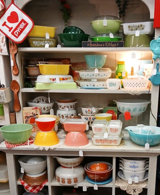 Pyrex paradise! The holy grail for kitchen collectors – those Butterfly Gold and Spring Blossom patterns that make millennials fight over their grandma's casserole dishes. 
