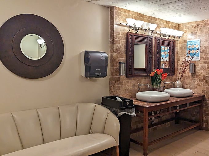 Even the restroom lounge speaks of understated elegance—the kind of place where you might fix your tie and plot your next dessert order.