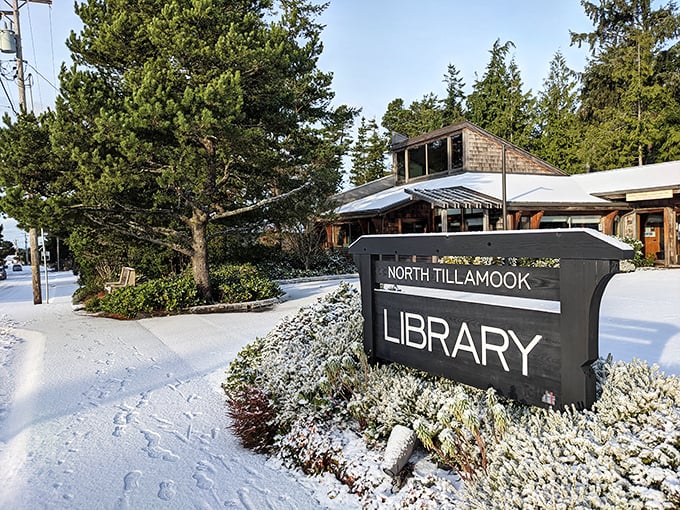 The North Tillamook Library dusted with snow—a literary oasis for beach readers and rainy day escapists alike.