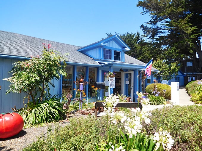 The blue-hued Mendocino Art Center stands as a creative heartbeat of the village, surrounded by gardens as inspired as the works inside.