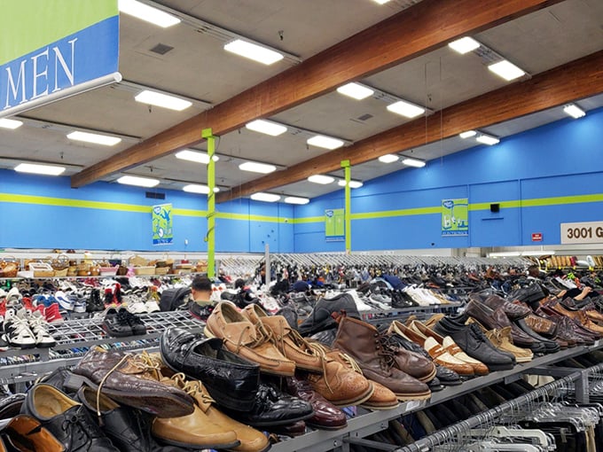 The men's shoe section: where Italian leather loafers and practical work boots live in democratic harmony. Even Imelda Marcos would be impressed by this selection.