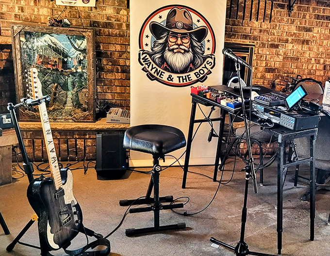 Where good food meets good tunes. This corner setup promises the kind of live music that makes digestion a dance party.