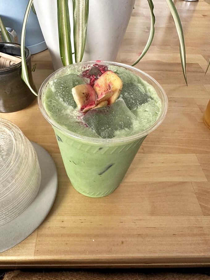 Their pandan matcha creation topped with caramelized banana could make a green smoothie skeptic rethink their entire beverage philosophy.