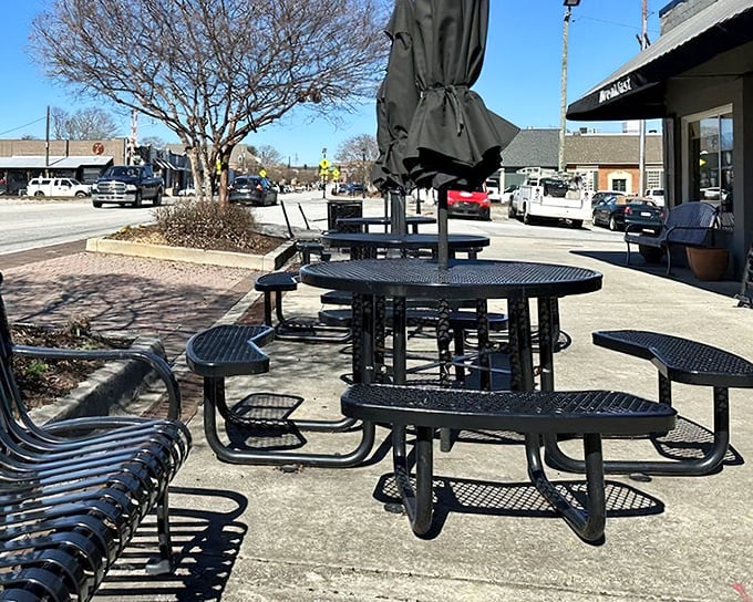 Tucker's Main Street provides the backdrop for Matthews' outdoor seating—perfect for people-watching between bites of Southern classics.