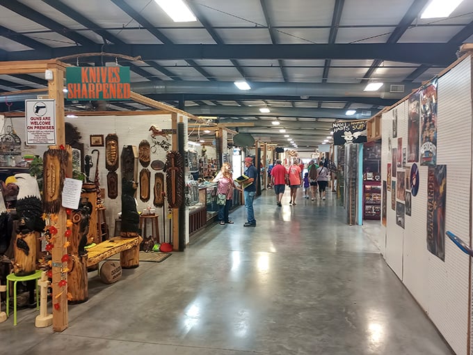 The knife sharpener's stall marks the entrance to a wonderland of woodcraft. That epoxy river table would make your dinner guests weep with envy.